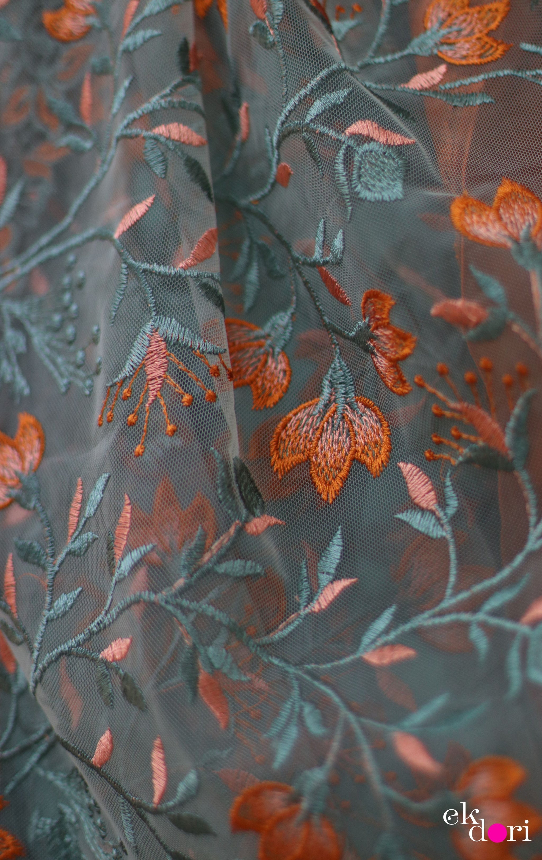 Buy Designer Net Saree : Powder Blue Floral Red Net Saree – Ek Dori